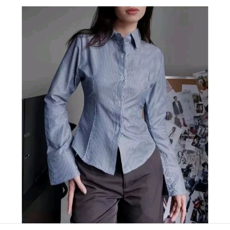 Jual Kemeja salur wanita slim fit long Sleeve tali belakang lengan panjang | Shopee Indonesia
