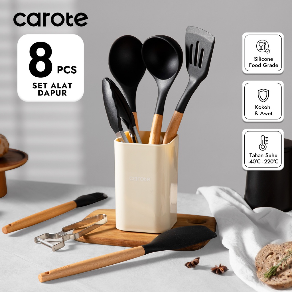 Jual CAROTE Set Peralatan Dapur 8 PCS Spatula Silikon Gagang Kayu Tahan ...