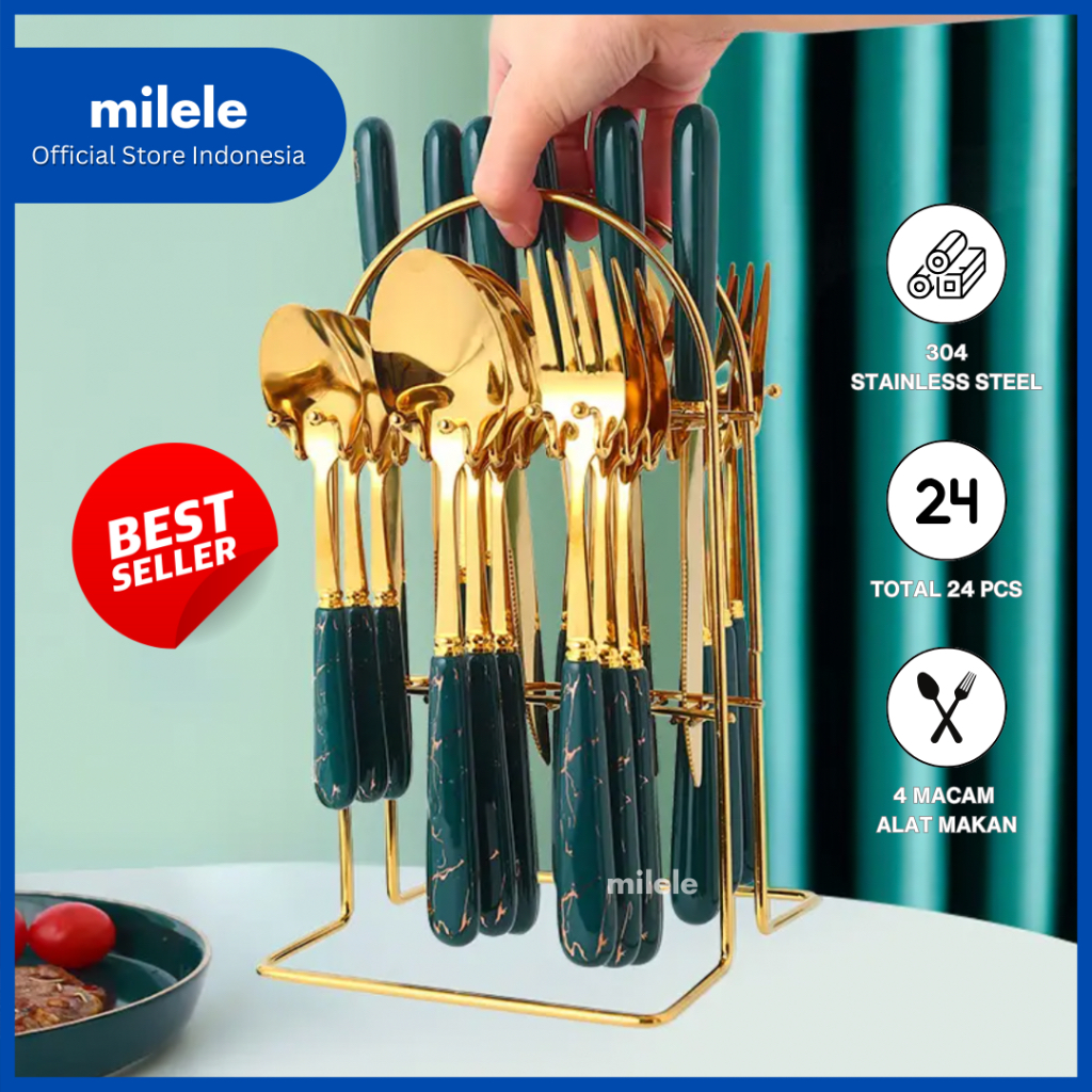 Jual MILELE Set Sendok Makan 24 Pcs Rak Emas Gagang Marble Keramik ...