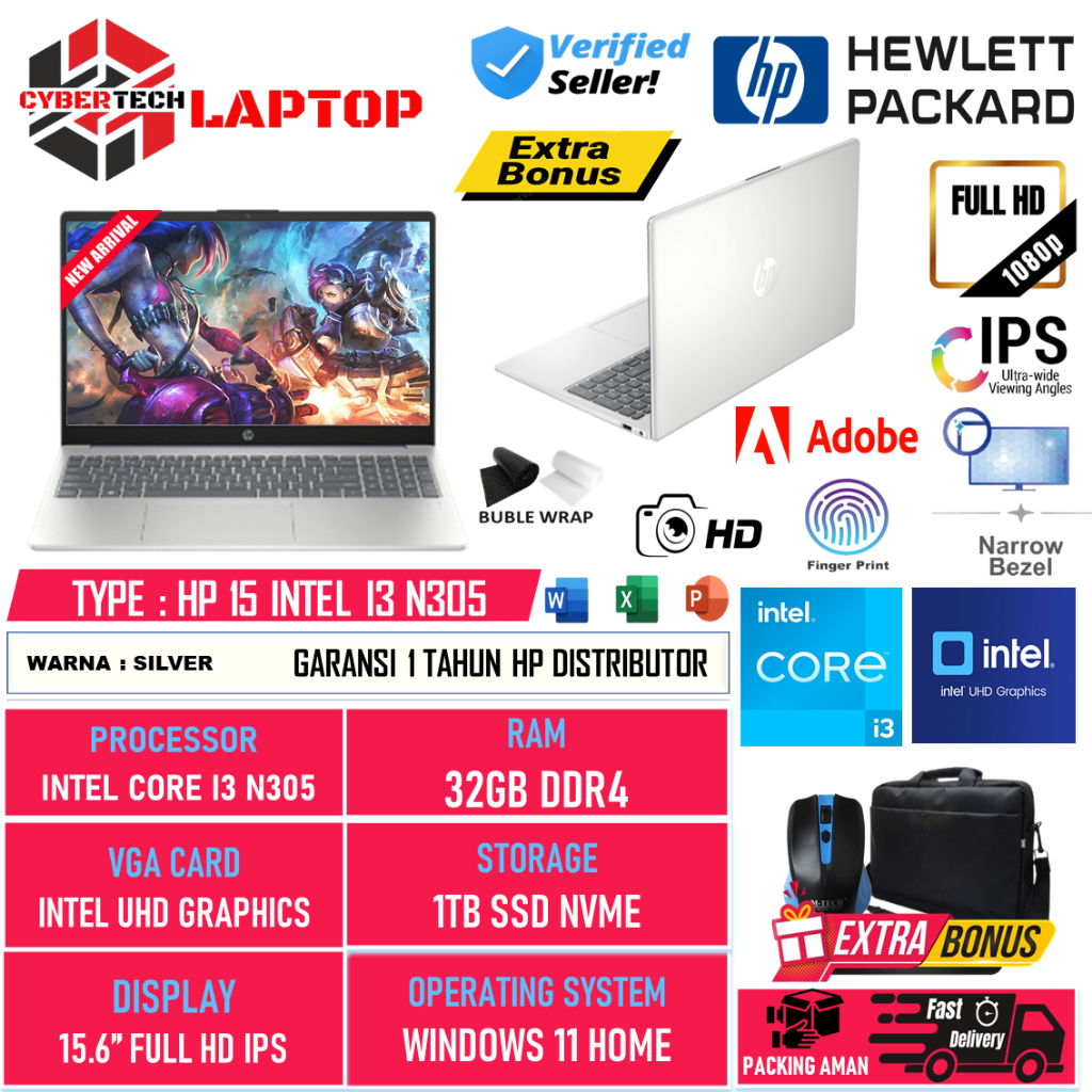 Jual BEST SELLER Laptop HP 15 Intel I3 N305 32GB 1TB SSD 15.6 Inch Full ...