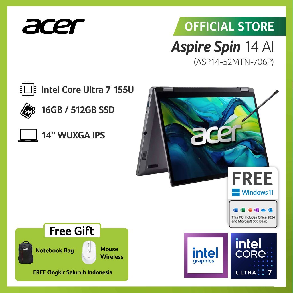 Jual (FREE MOUSE WIRELESS) ACER LAPTOP 2 IN 1 ASPIRE SPIN 14 AI ASP14 ...