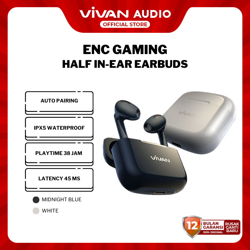 Jual VIVAN TWS ENC Low Latency 45ms Playtime 38H Bluetooth 5.3 Wireless ...