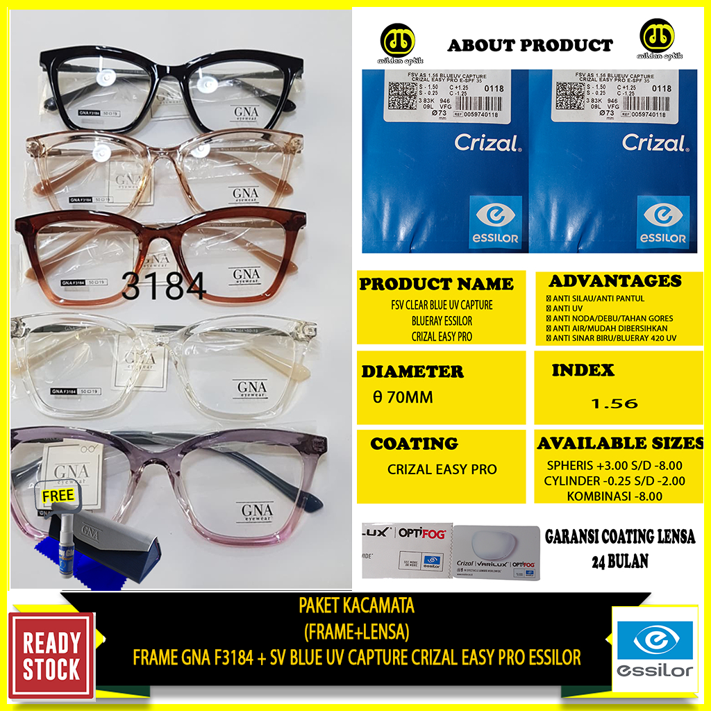 Jual PAKET KACAMATA FRAME GNA 3184+LENSA SINGLE VISION ESSILOR BLUE UV CAPTURE CRIZAL EASY PRO ...