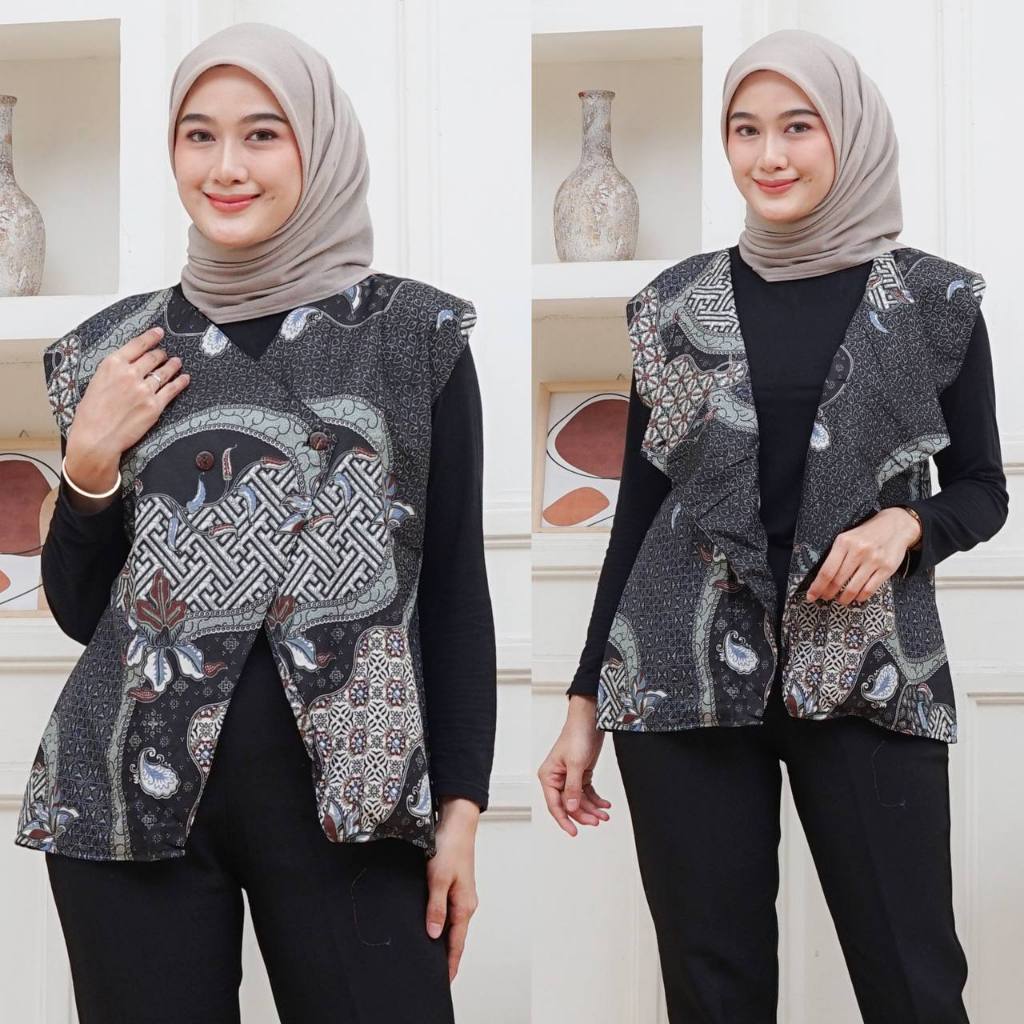 Jual Vest Batik Wanita Rompi Batik V-Neck Atasan Wanita Outer Batik ...