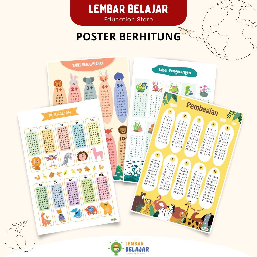 Jual LEMBAR BELAJAR Poster Edukasi Perkalian Penjumlahan Pembagian ...