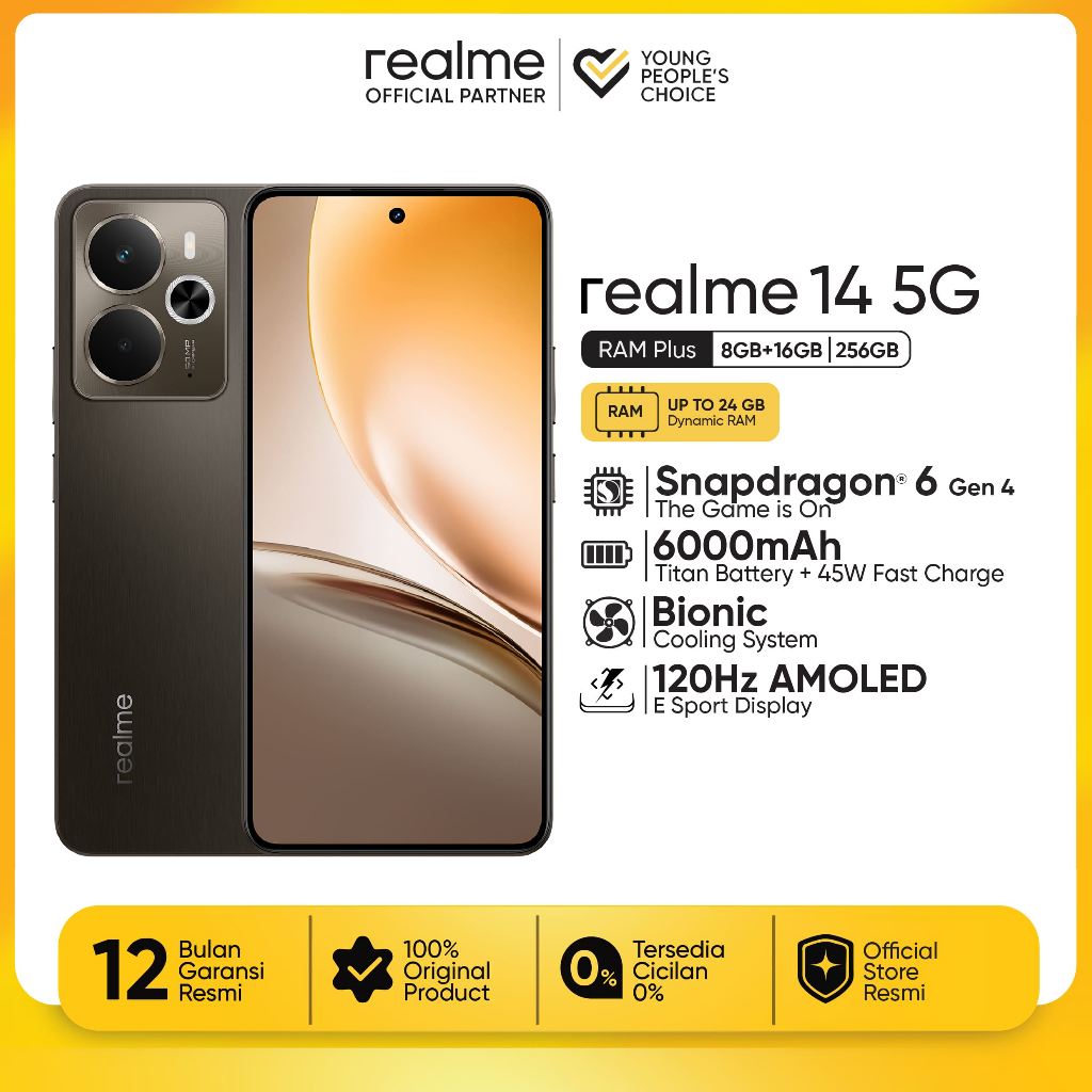 Jual realme 14 5G 8GB+10GB|256GB (Snapdragon® 6 Gen 4 | 6000mAh Titan Battery | 45W Fast Charge ...