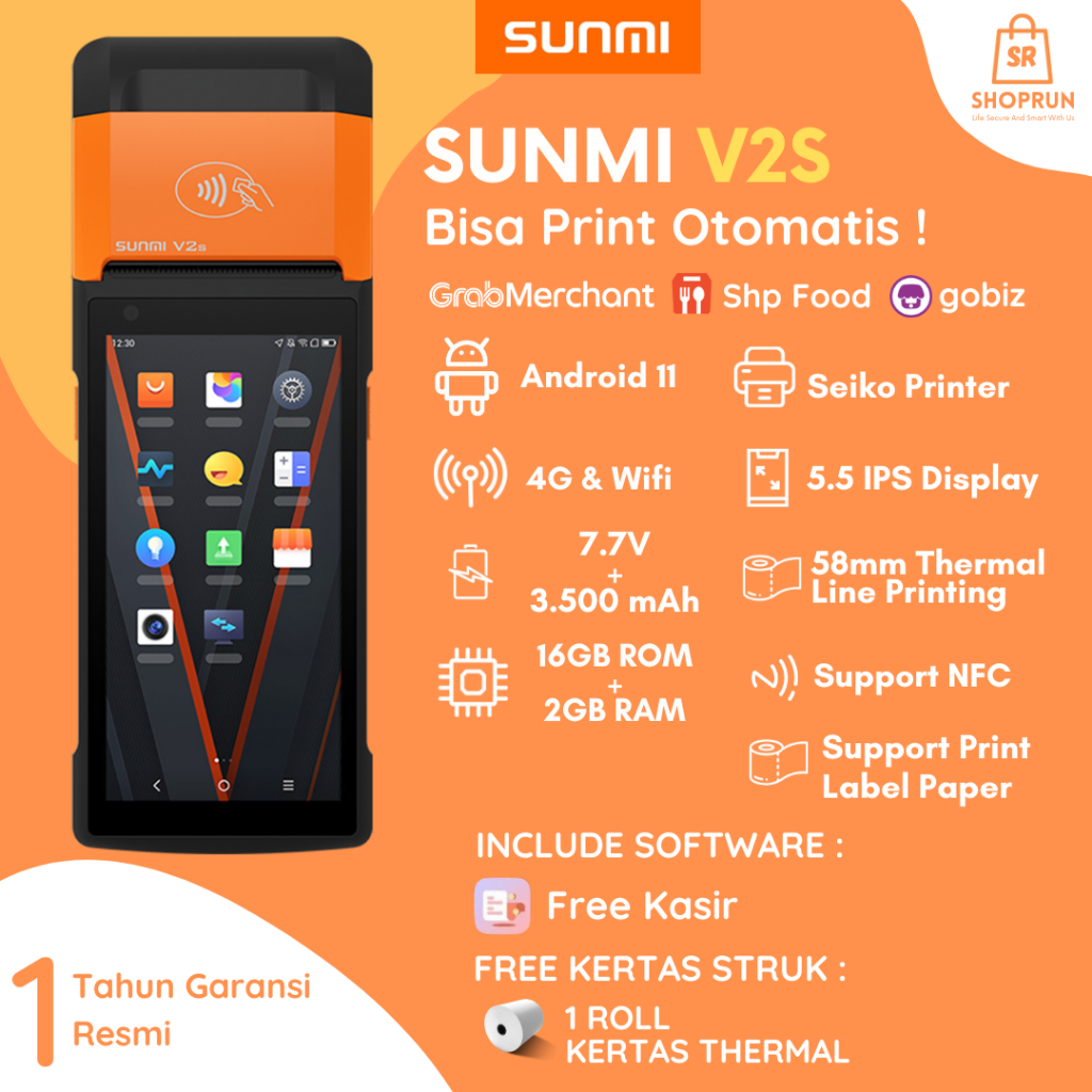 Jual Mesin Kasir Android SUNMI V2s 4G NFC 2D Scanner Label Printing Support Print Automatis Bisa ...