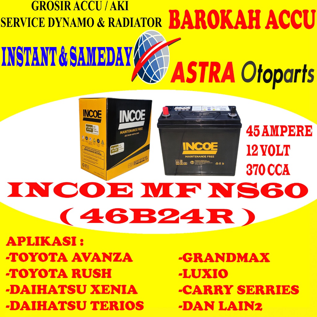 Jual AKI MOBIL INCOE MF NS60 / 46B24R , 45 AH ASTRA OTOPARTS | Shopee Indonesia