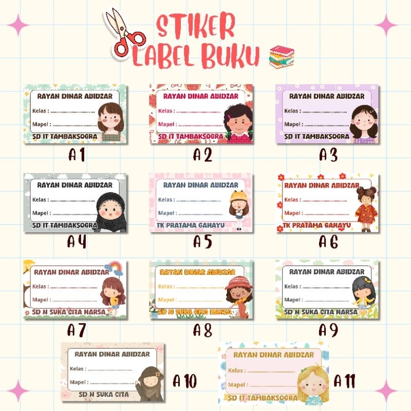 Jual stiker label buku custom nama, kelas dan sekolah untu tk, sd, smp ...