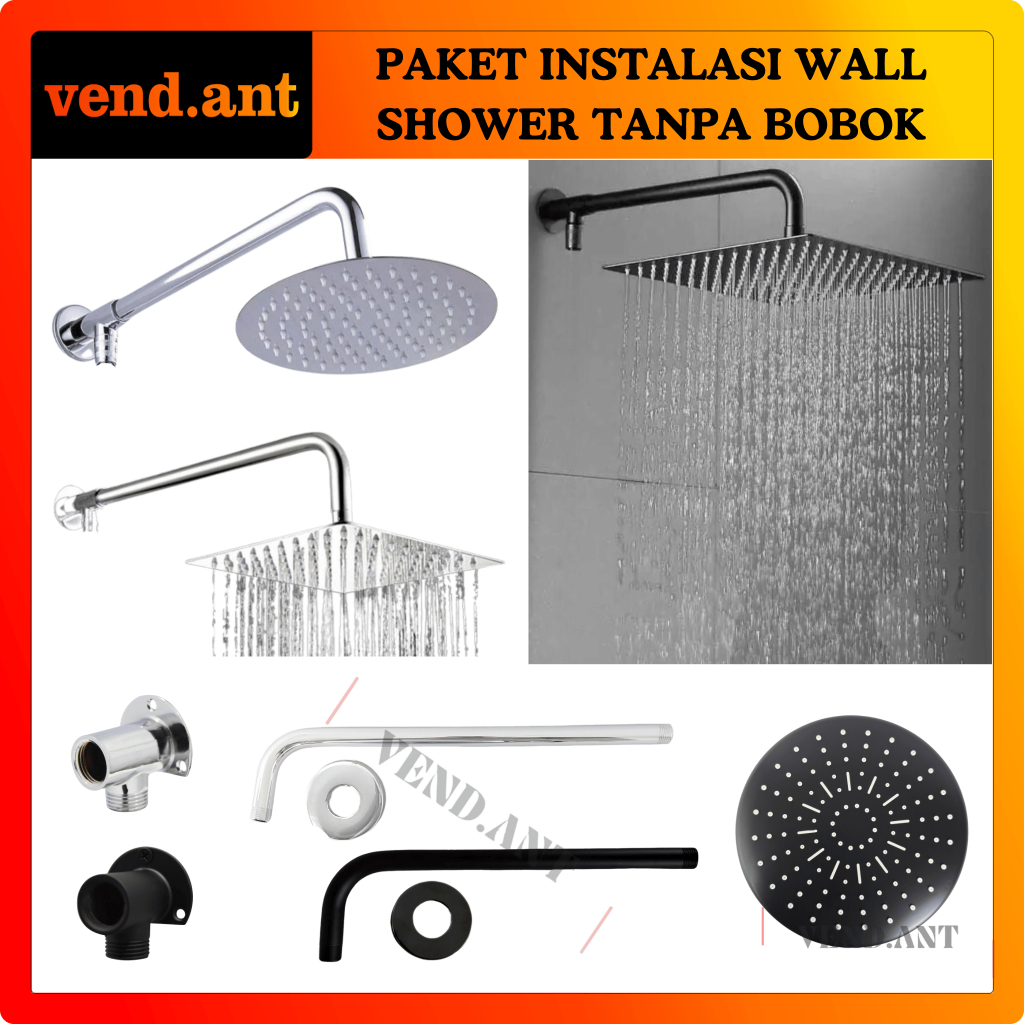 Jual Paket Head Wall Shower Rainfall Set Tiang Pipa Tembok Instalasi Luar Tanpa Bobok Kotak ...