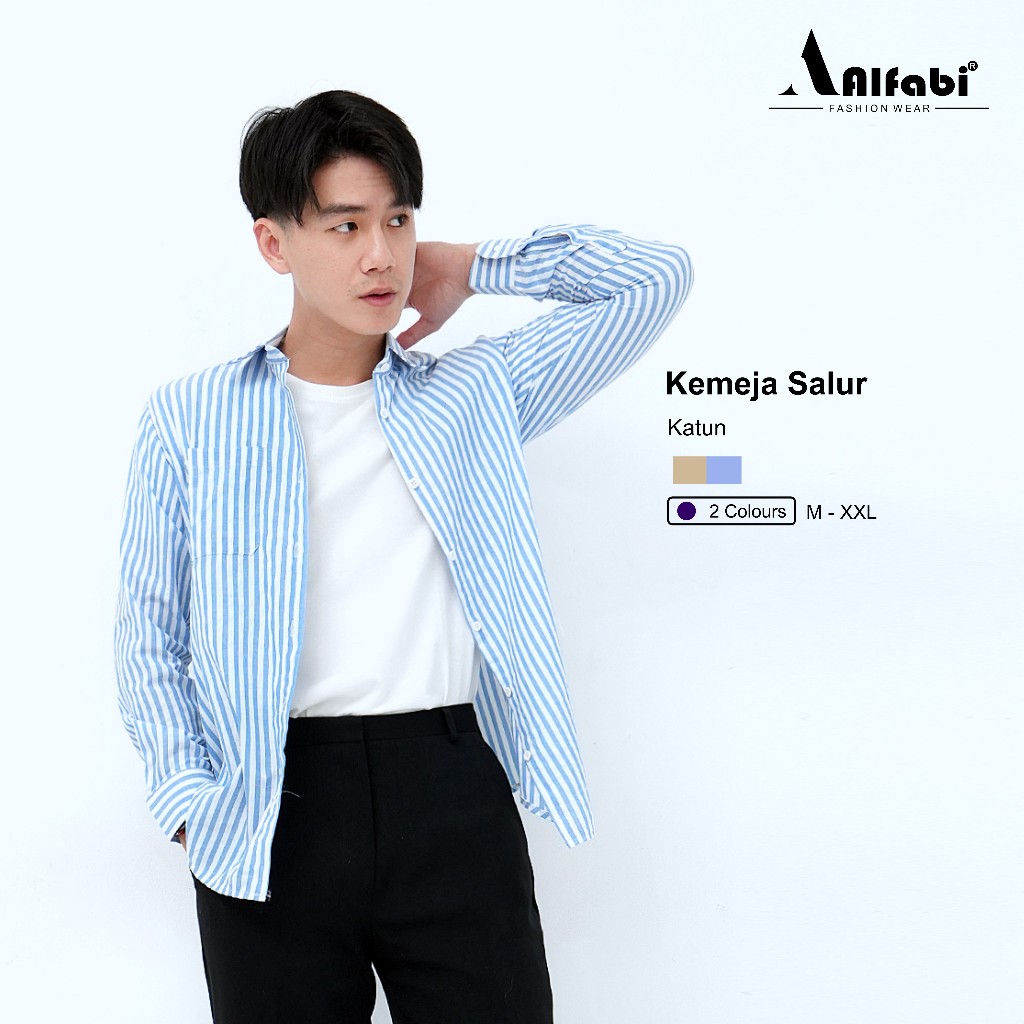 Jual Alfabi - Kemeja Salur Pria Lengan Panjang Motif Garis | Shopee Indonesia