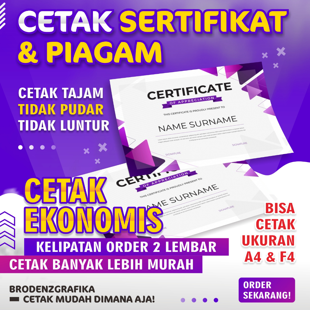 Jual Cetak Sertifikat, Piagam Ukuran A4/F4 | Shopee Indonesia