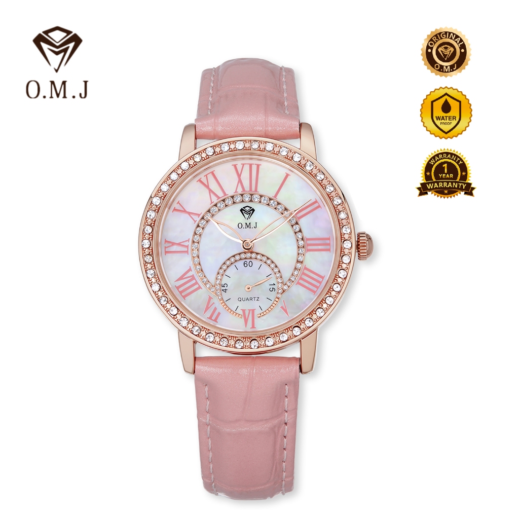 Jual OMJ Jam Tangan Wanita Strap Kulit Premium Berlian Pink Water ...