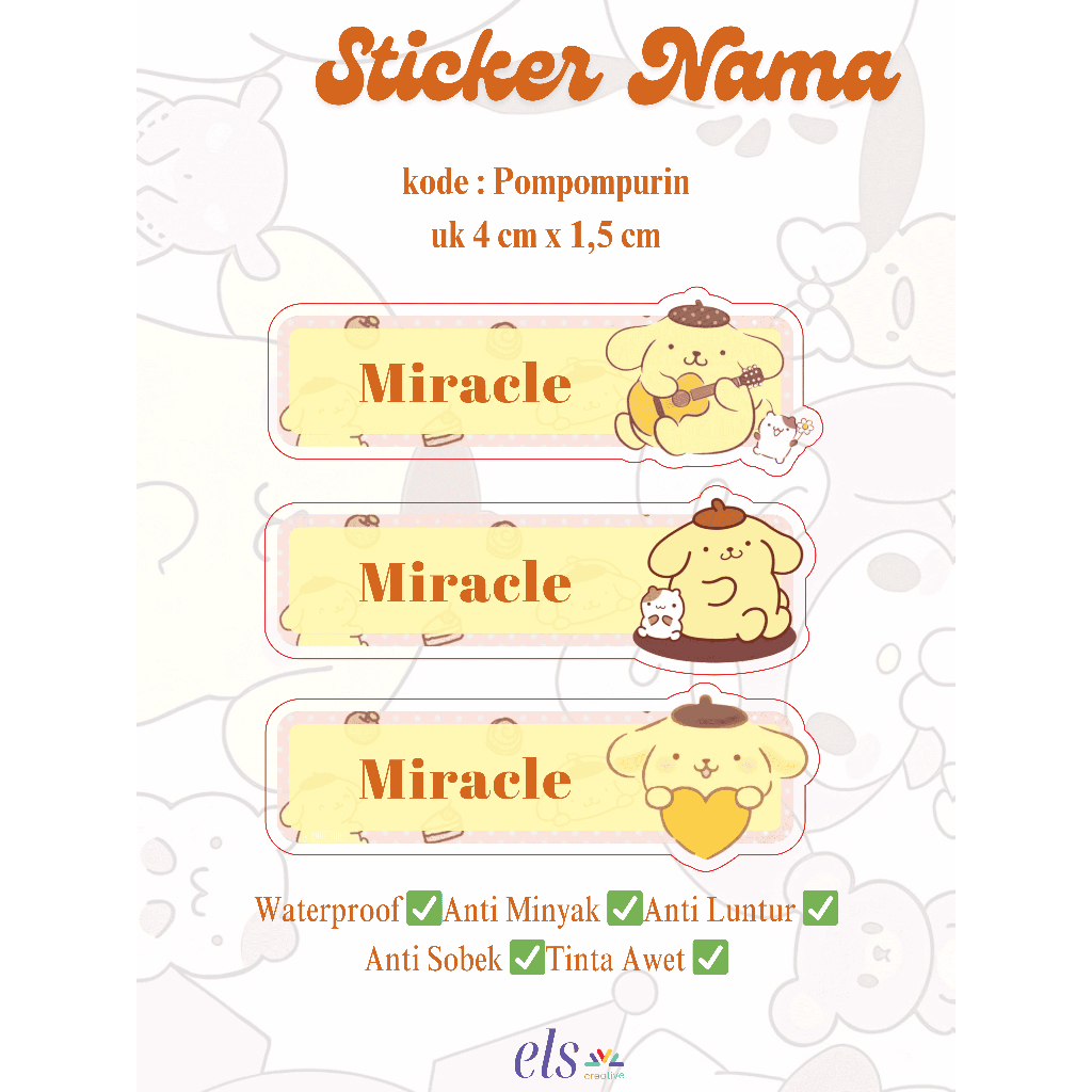Jual Stiker Label Nama Anak Pompompurin Purin Pom Custom Premium ...