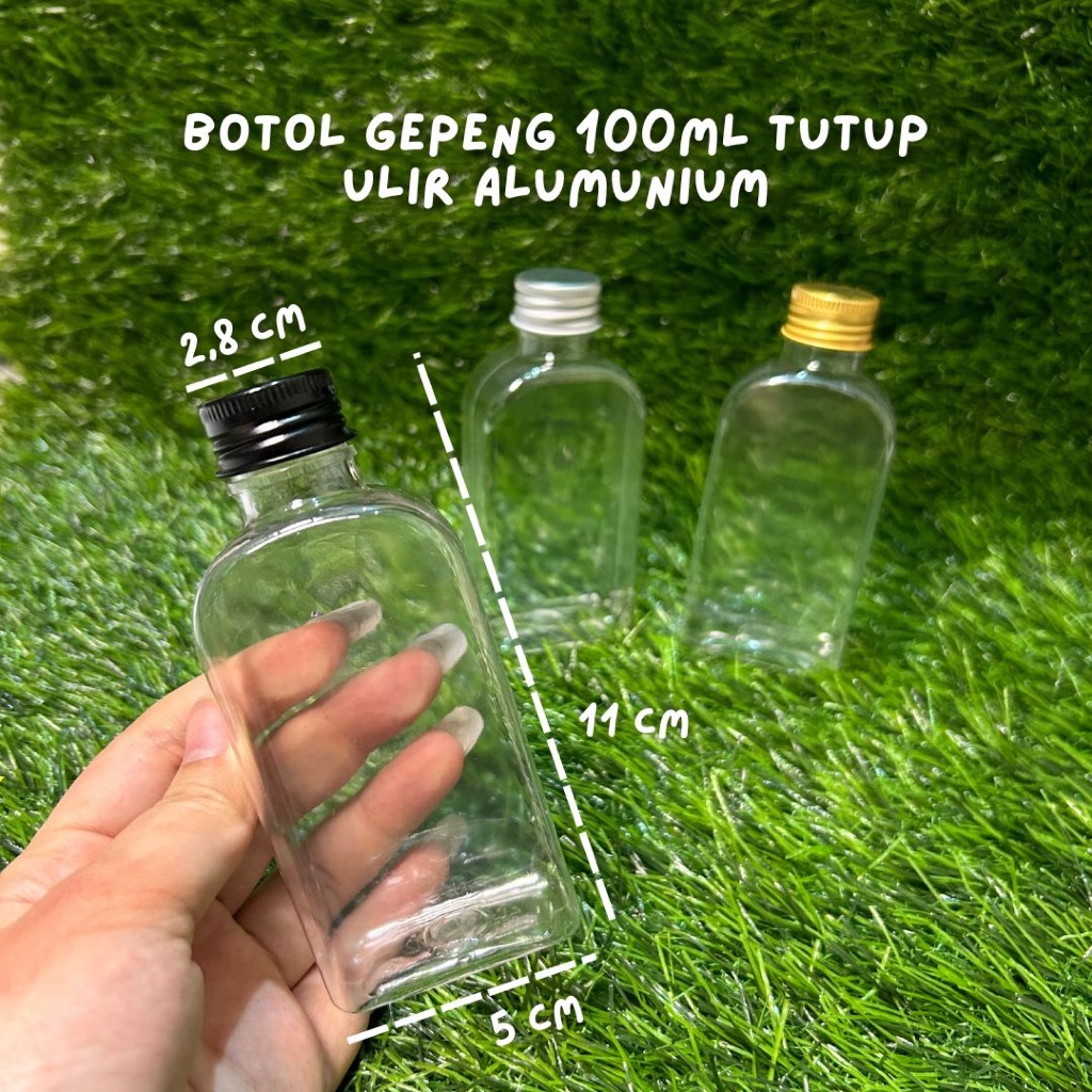 Jual botol gepeng 100ml tutup ulir aluminium gold/ silver/ black ( min ...