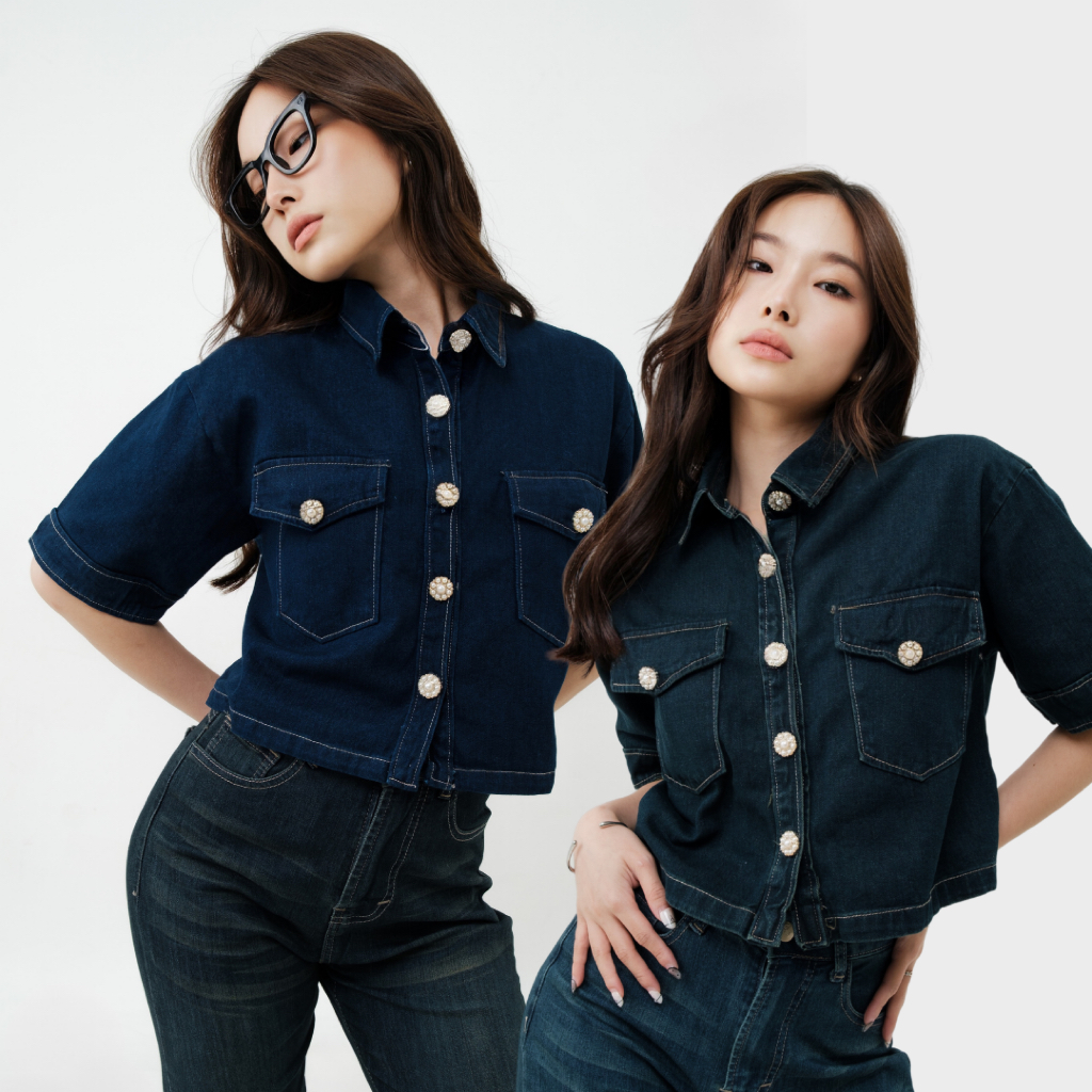 Jual LADOUCE - Dakota Denim Crop Top Atasan Jeans Wanita | Shopee Indonesia