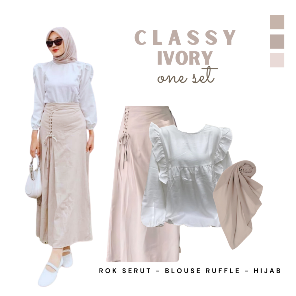 Jual OOTD One Set Kekinian (Blouse Ruffle, Rok Serut, Hijab Ivory ...