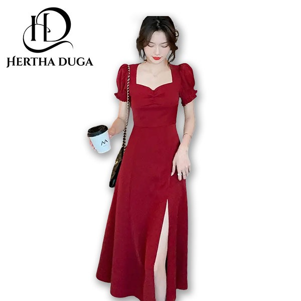 Jual Hertha Duga red dress merah wanita kekinian elegan midi dress ...