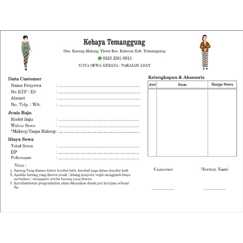 Jual Nota Sewa Kebaya/Pakaian Adat / Nota CUSTOM | Shopee Indonesia