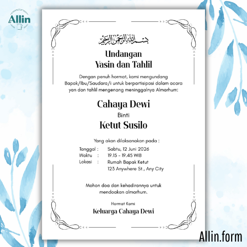 Jual Cetak Undangan Tahlil dan Yasin model 8, Bisa Edit dan Langsung ...