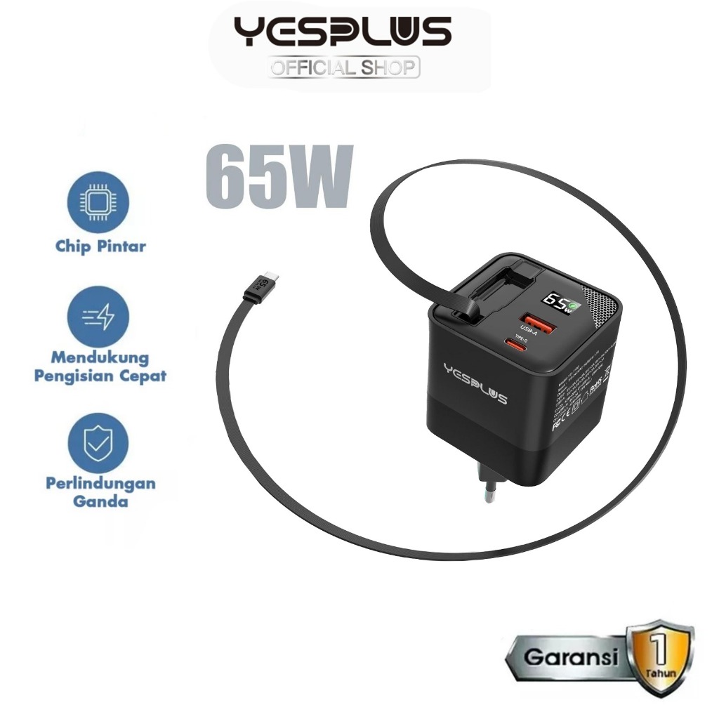 Jual Charger Gan YESPLUS YS-1130 PD 65W Kabel Type-C 80CM + Charger Super Fast Charging | Shopee ...