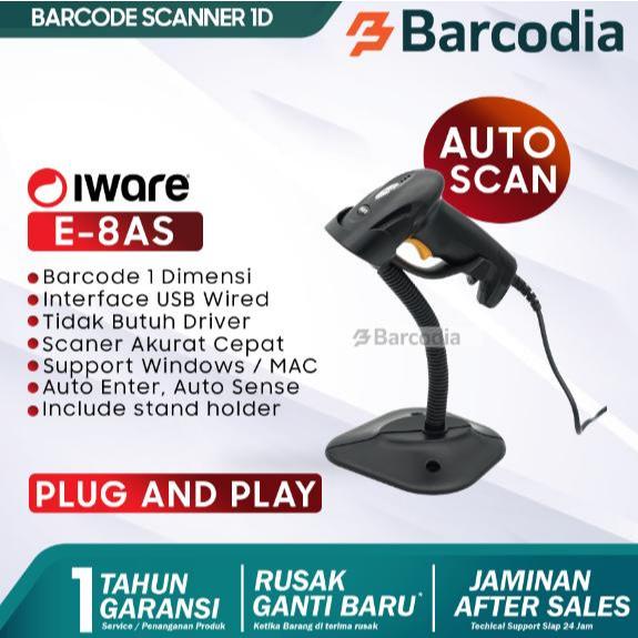 Jual BARCODIA Scanner Barcode 1D Iware BS-E8AS Auto Scan USB With Stand ...