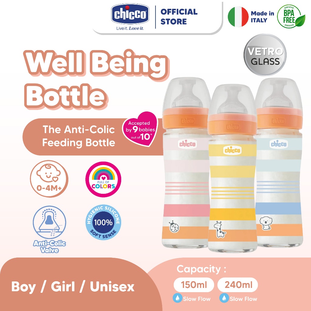 Jual CHICCO Nursing Feeding Bottle Well-Being GLASS 150ml 240ml Slow Flow 0m+ Botol Susu Kaca ...