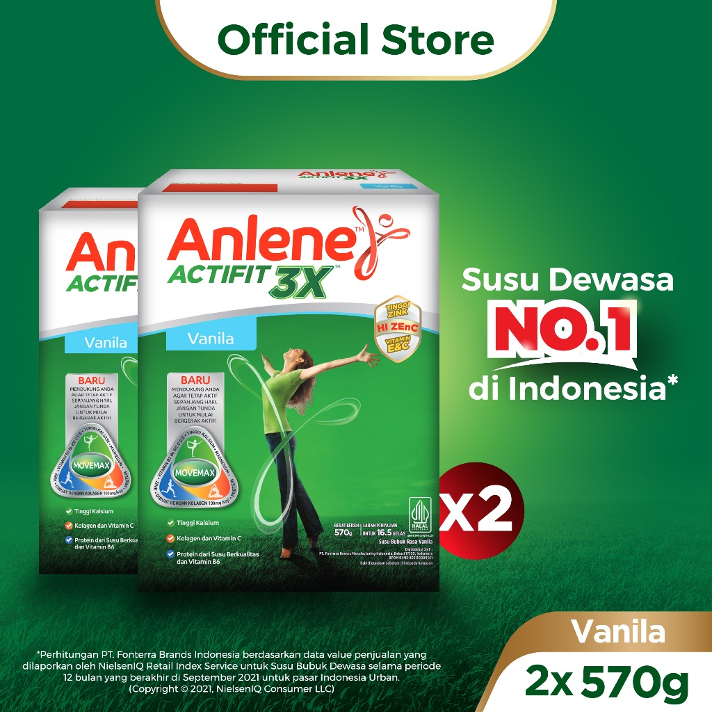 Jual Anlene Actifit 3X Susu Bubuk Dewasa Vanila 2 x 570g - Nutrisi Tinggi Kalsium Untuk Tulang ...