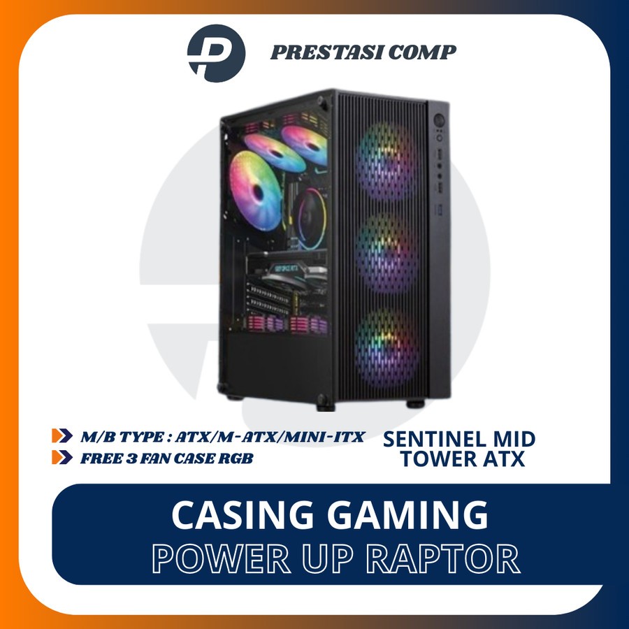 Jual Casing PC Power Up Raptor Sentinel Mid Tower ATX With 3 Fan Case ...