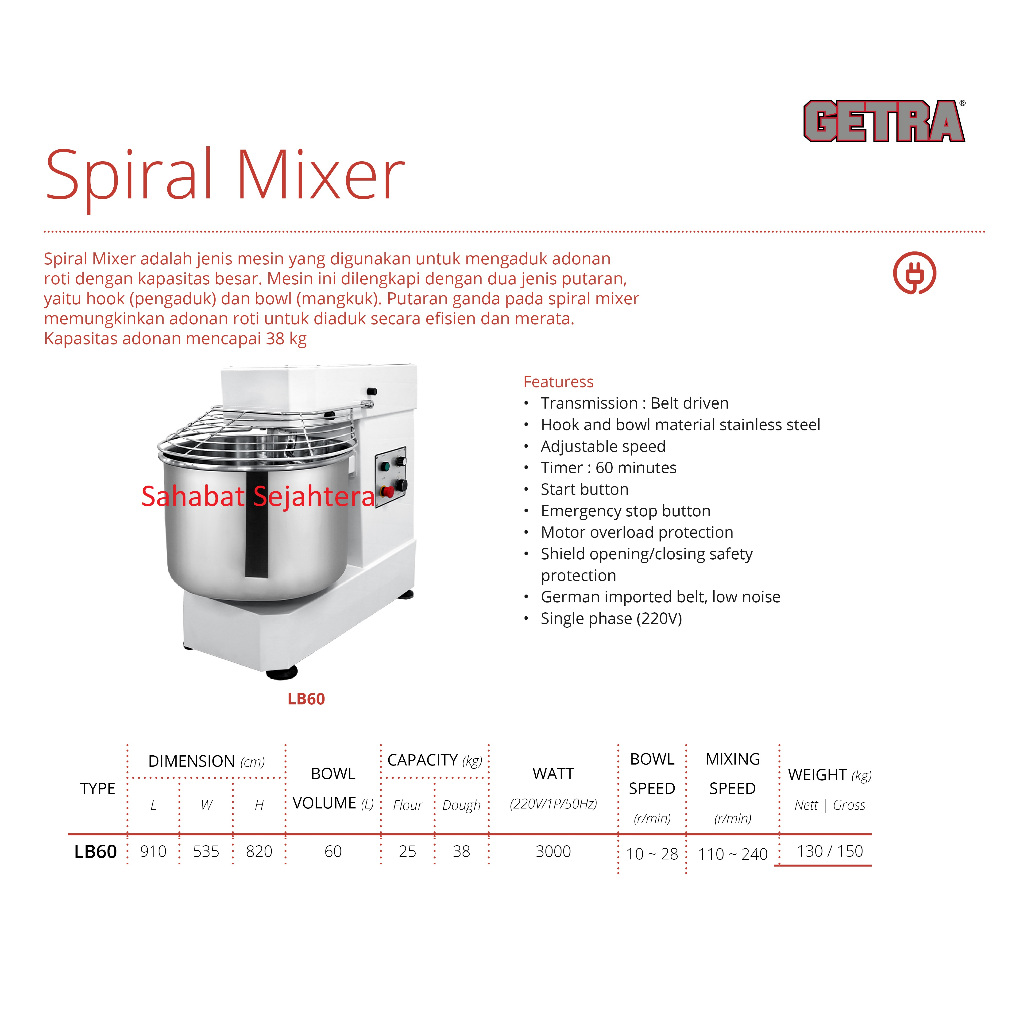 Jual GETRA Spiral Mixer Roti Adonan Tepung LB60 | Mesin Pengaduk Adonan ...
