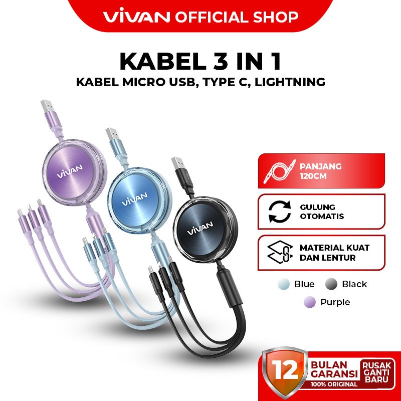 Jual VIVAN Kabel Data 3 in 1 VRS03 Fast Charging 3.5A Micro USB ...