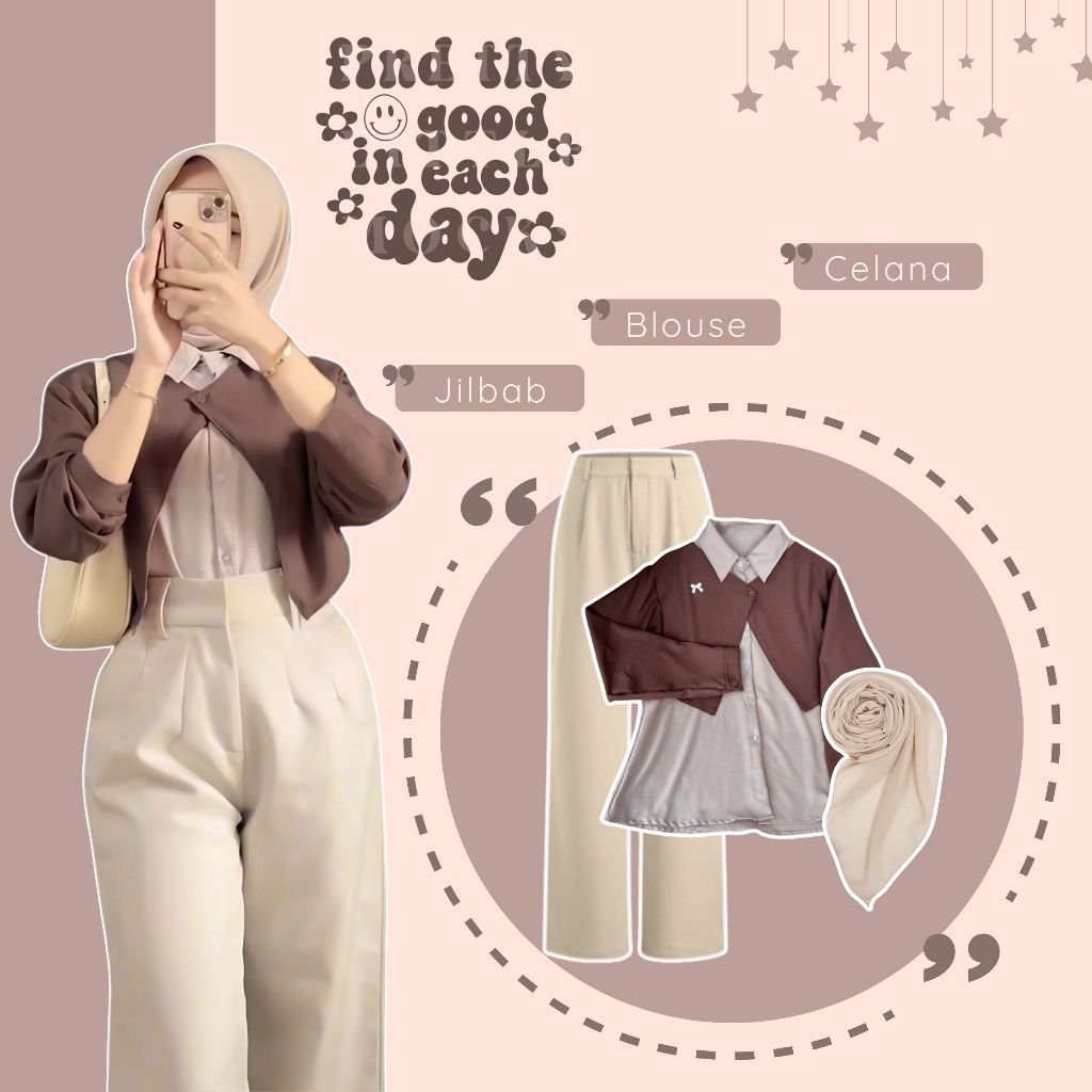 Jual Setelan Wanita Kekinian 3in1 | Blouse + Hijab Bella + Celana Knit | One Set Wanita Kekinian ...