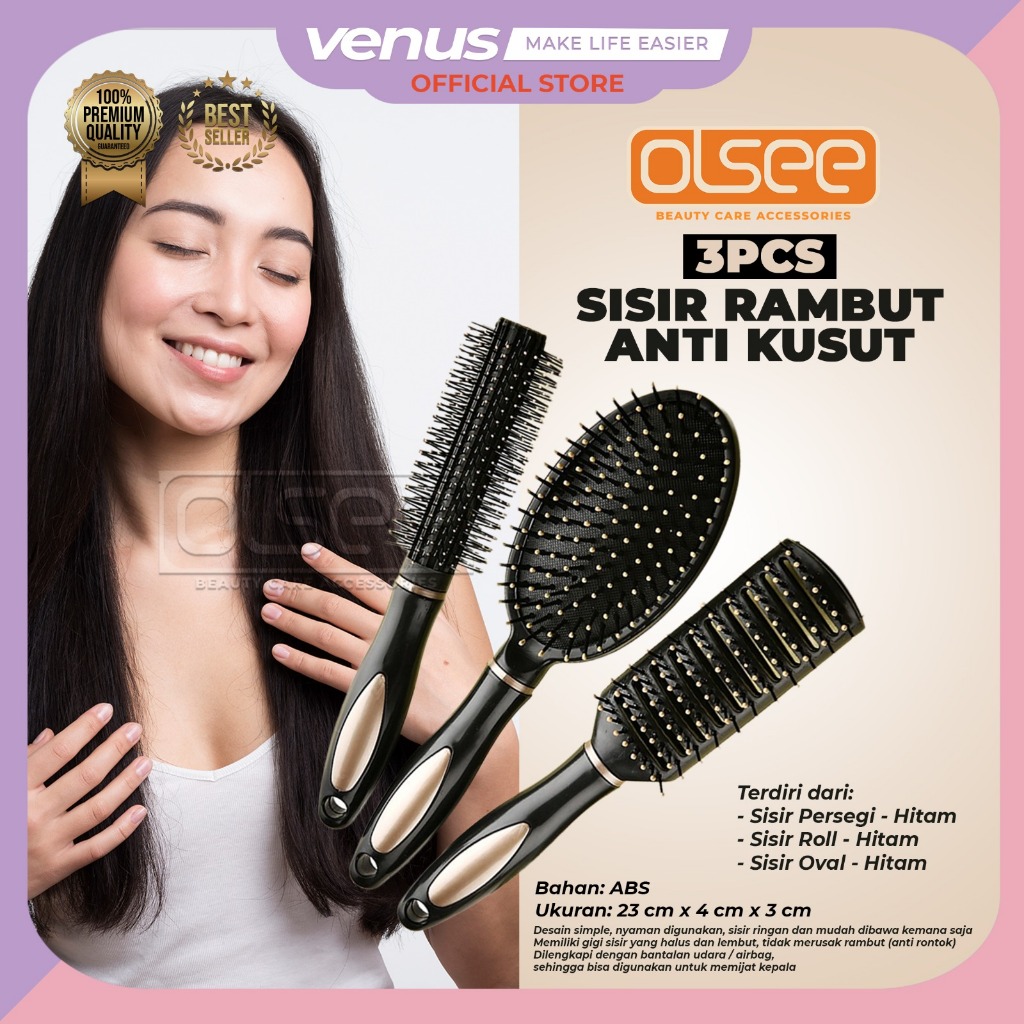 Jual OLSEE - Sisir Blow Rambut Set 3in1 Hair Brush Massage Comb Anti Kusut / Hair Styling / Rol ...