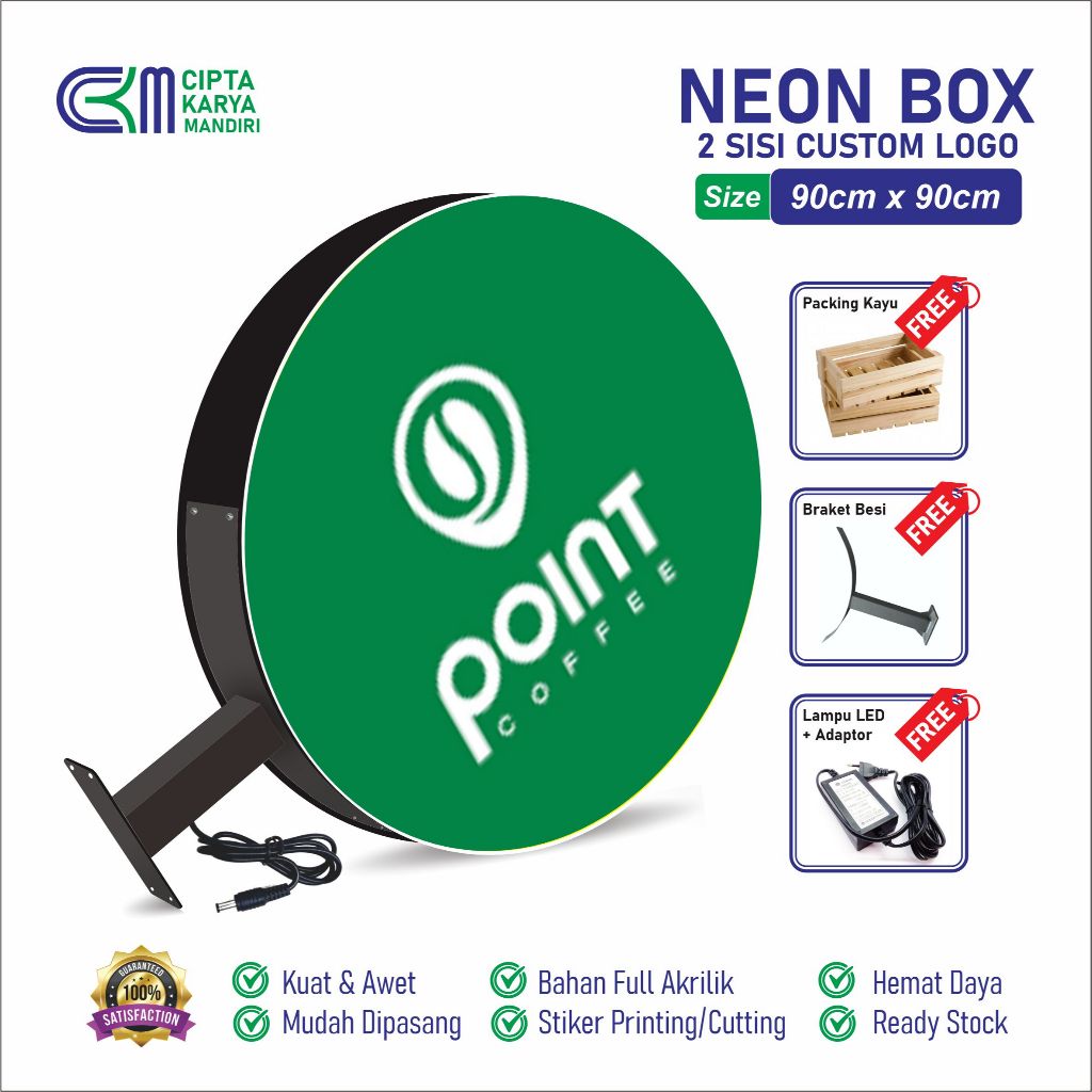Jual Neon Box 2 sisi Custom Logo Ukuran 90x90cm | Neon Box Point Coffee ...