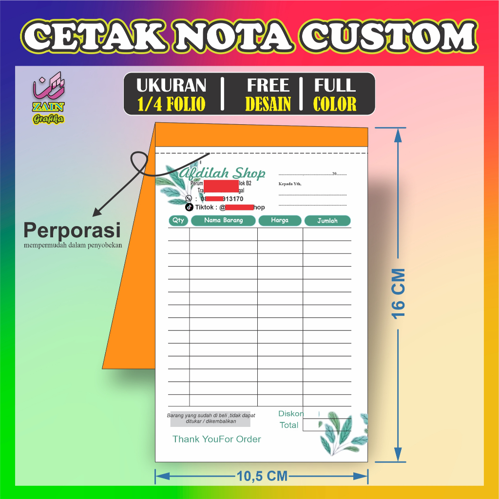 Jual cetak nota 1/4 folio custom desain full warna, invoice, surat ...