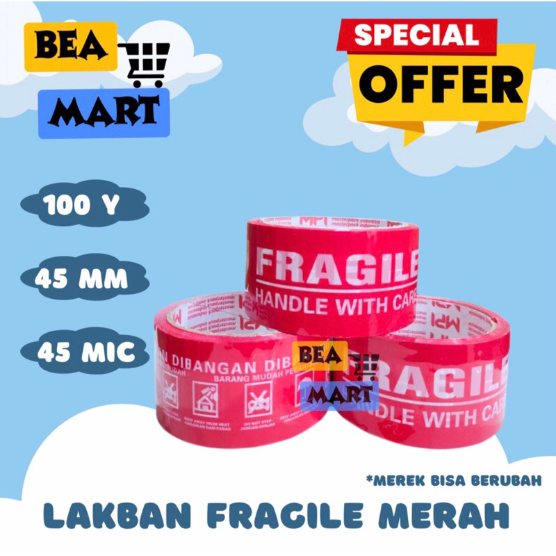Jual Lakban Merah Fragile Jangan Dibanting 45 mm x 100 yard | Isolasi ...