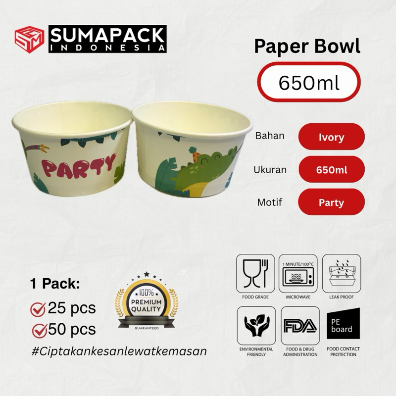 Jual Paper Rice Bowl Motif Party 650ml /Kemasan makanan mangkuk / Tahan ...