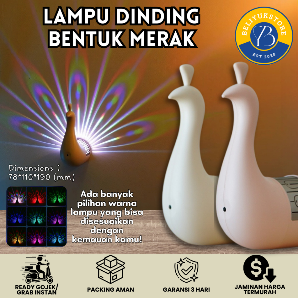 Jual Lampu Dinding Burung Merak 3D / Night Light Peacock 3D LED Multi ...