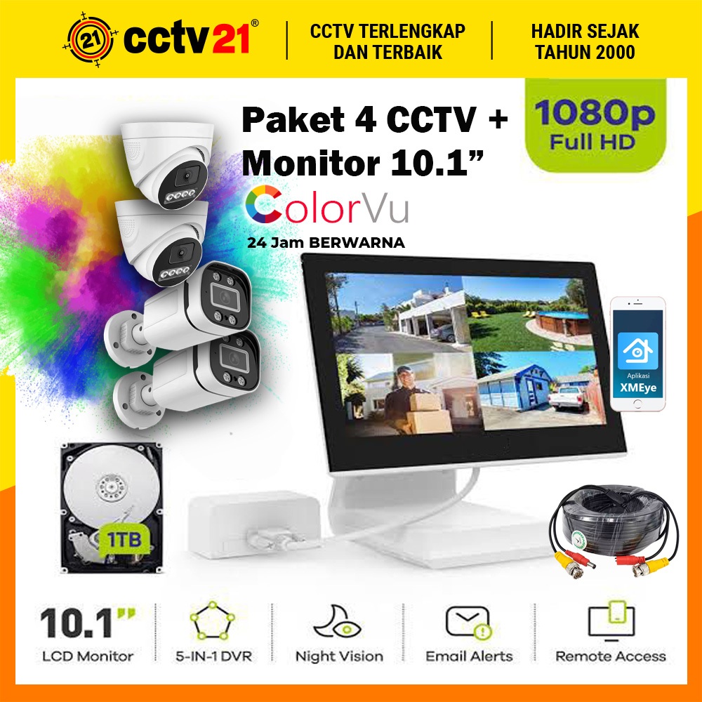 Jual Paket CCTV 4 Camera 2MP + Monitor 10" Colorvu Full HD 1080P ...