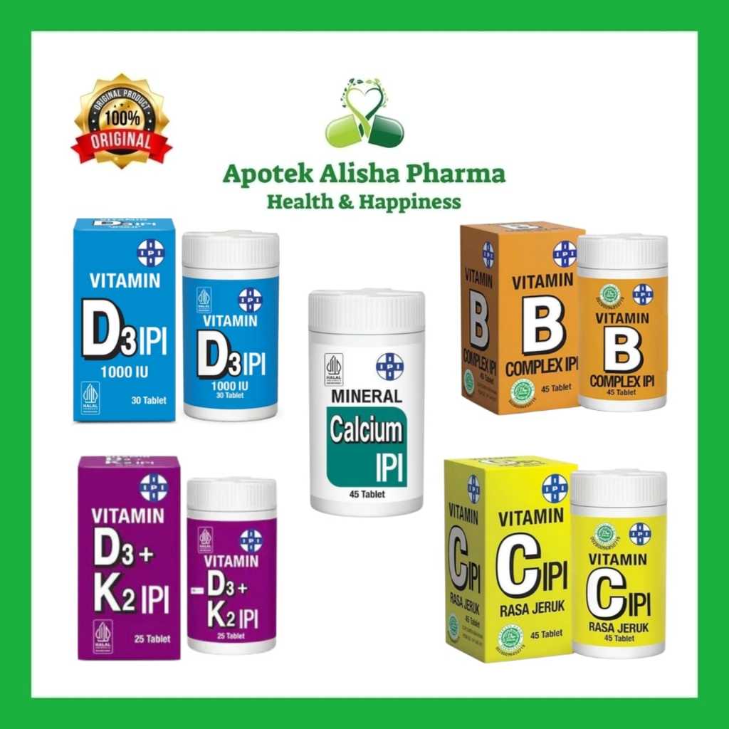 Jual IPI Vitamin A / B1 / B Complex / D3 1000 / D3 + K2 / Calcium Botol isi 50 | Shopee Indonesia