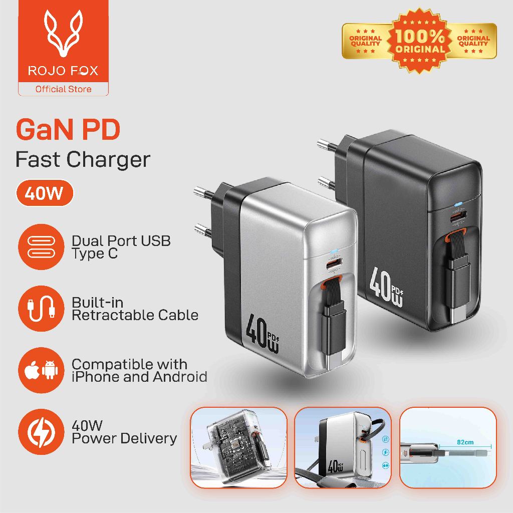 Jual ROJO FOX Charger Type C Fast Charging Retractable 40W GaN | Kepala ...