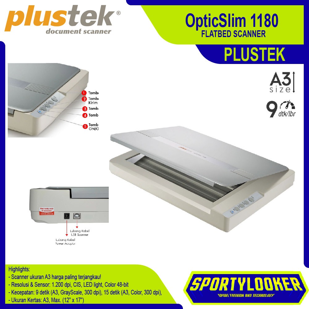 Jual Scanner Plustek OpticSlim 1180 Flatbed | A3 | 9 detik | Shopee ...