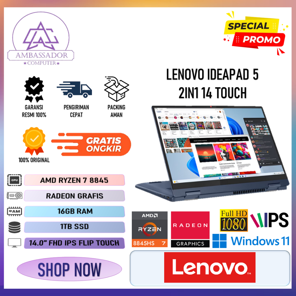 Jual Lenovo ideapad 5 2in1 14 touch amd ryzen 7 8845 ram 16gb ssd 1tb layar 14.0" full hd ips ...
