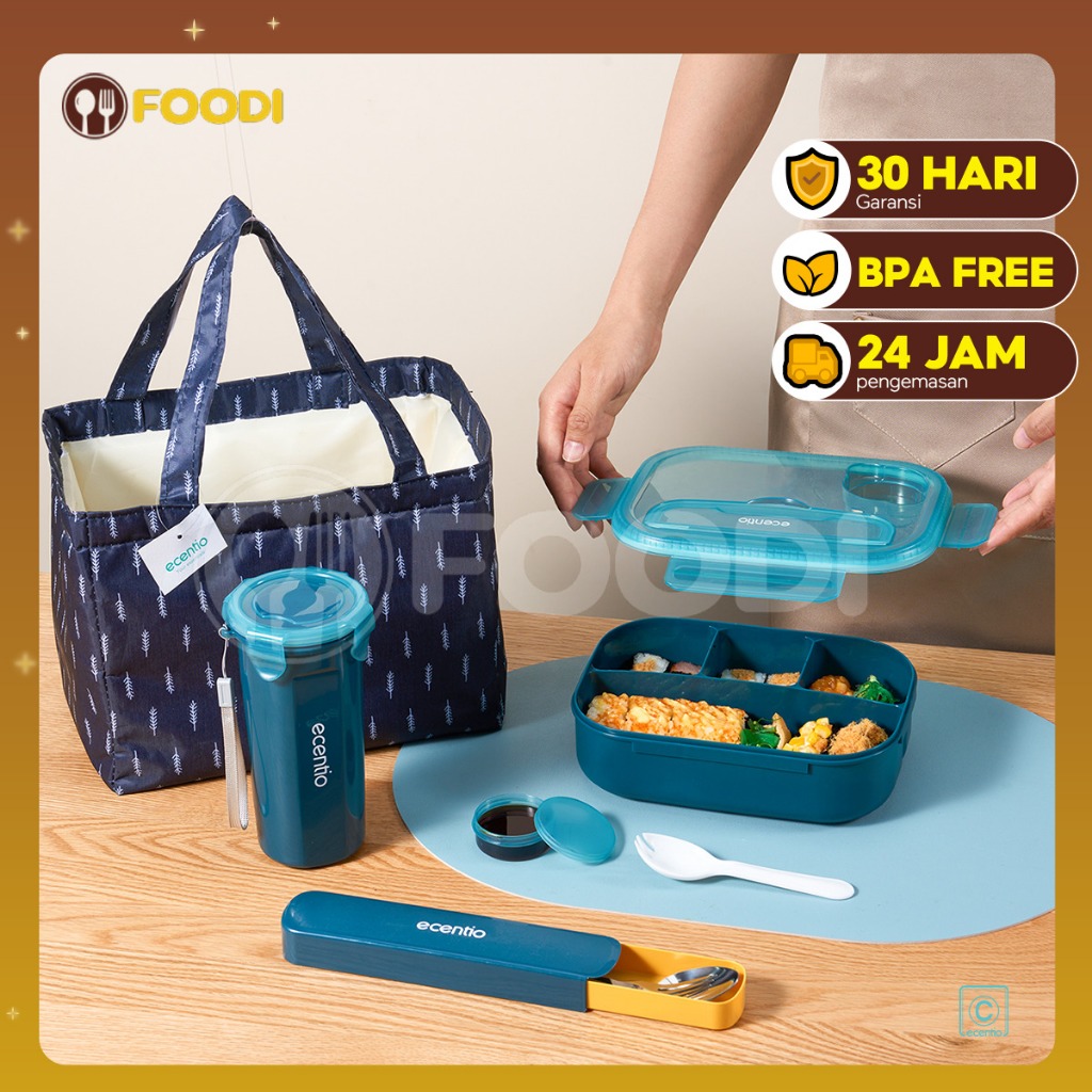 Jual 【3pcs set】ecentio & FOODI lunch box set 4 Grid tempat bekal makan dan tempat minum anak ...