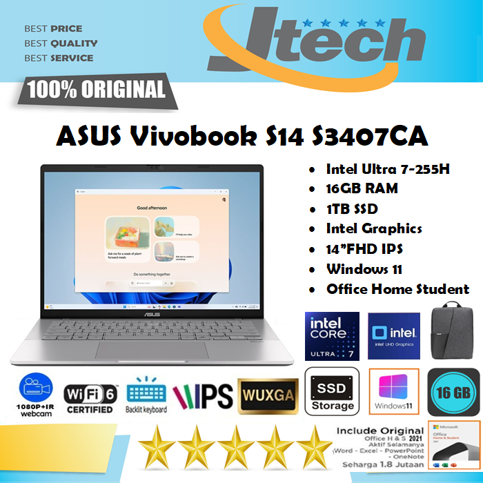 Jual ASUS Vivobook S14 S3407CA Ultra 7 255H 16GB 1TB SSD 14"WUXGA IPS ...