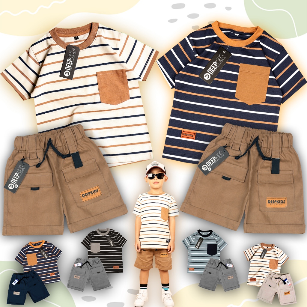 Jual Setelan Anak Laki Laki Kaos Stripe Salur Pocket & Celana Cargo Pendek Premium Usia 1 2 3 4 ...