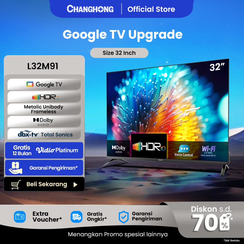 Jual Changhong Google TV 32 inch HD Google Smart TV Digital TV (L32M91) | Shopee Indonesia