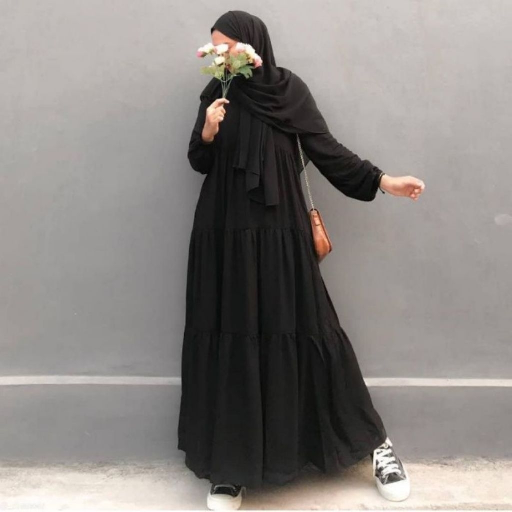 Jual GAMIS HITAM POLOS || HANUM DRESS RAYON SUSUN BUSUI LENGAN KERUT ...