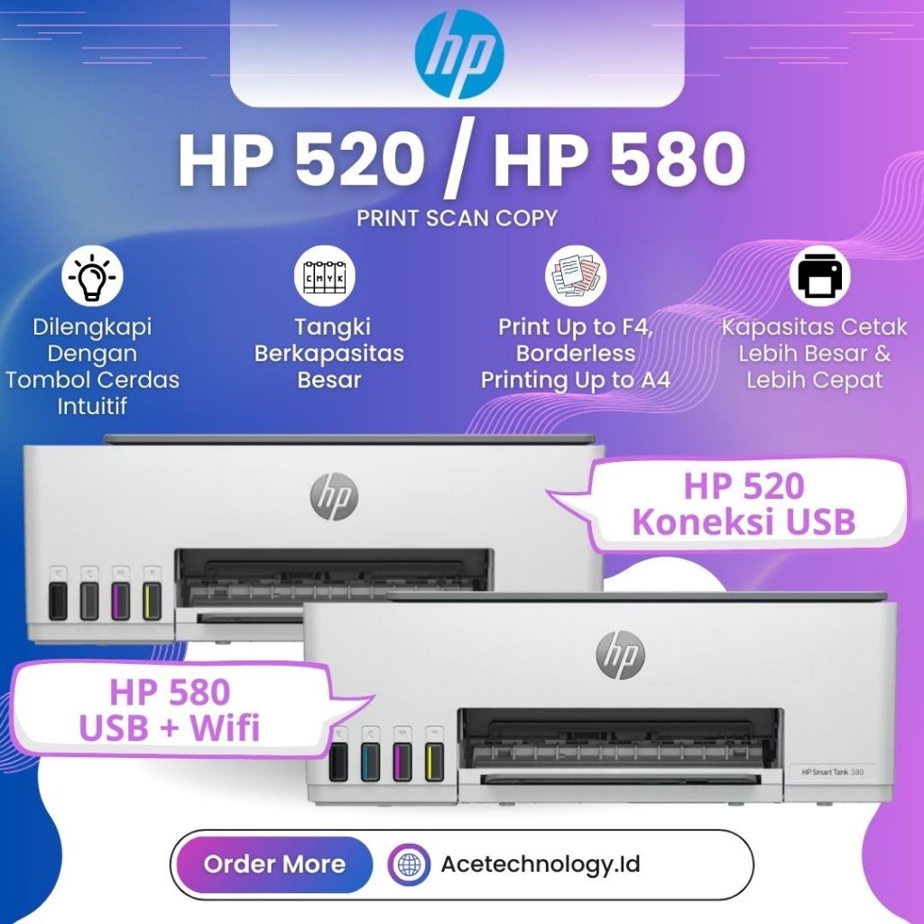 Jual Printer HP Smart Tank 520 (No WiFi) / 580 (WiFi) – All-in-One ...