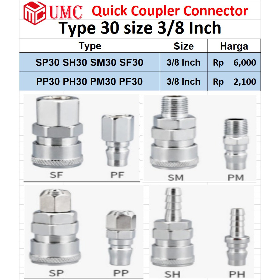 Jual Quick Coupler 3/8" SP30 PP30 SH30 PH30 SM30 PM30 SF30 PF30 Kopler ...